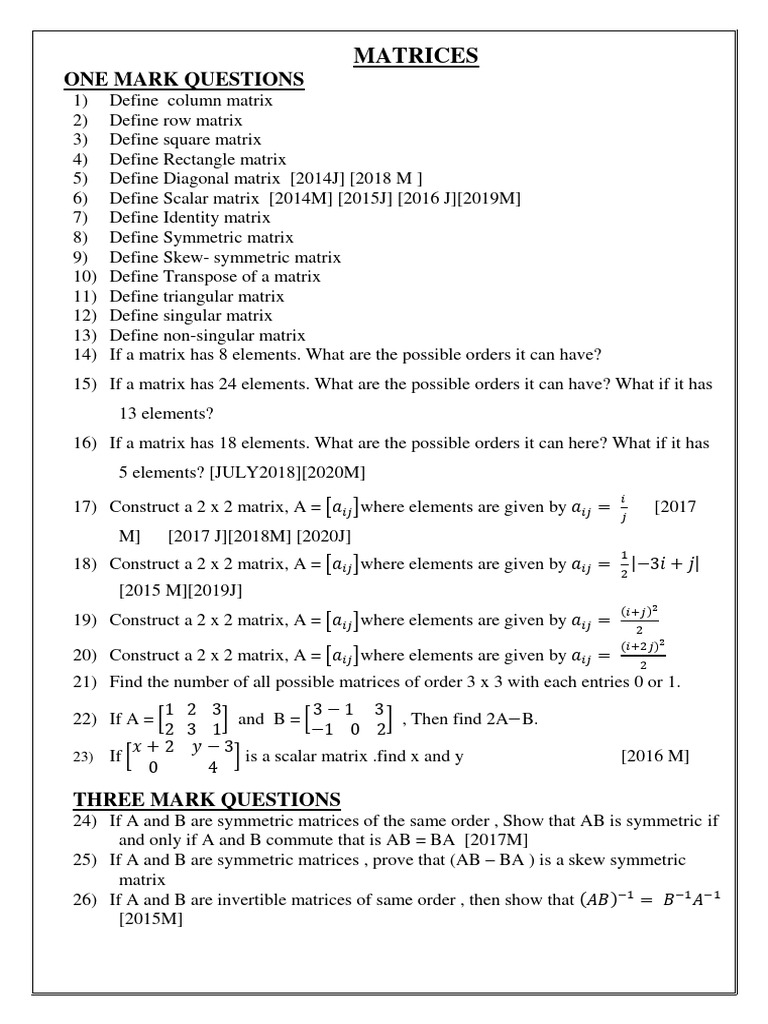 MATRICES Work Sheet | Download Free PDF | Matrix (Mathematics) | Functions And Mappings