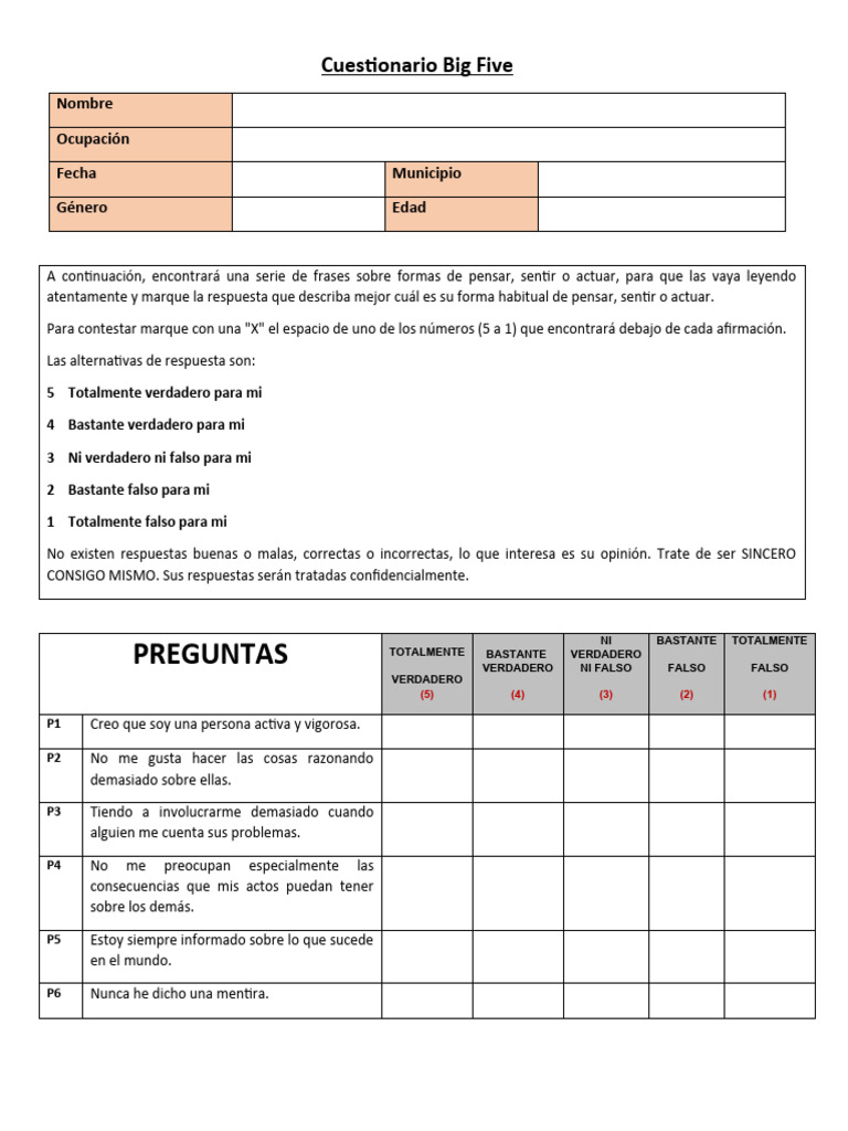 Cuestionario Big Five | PDF