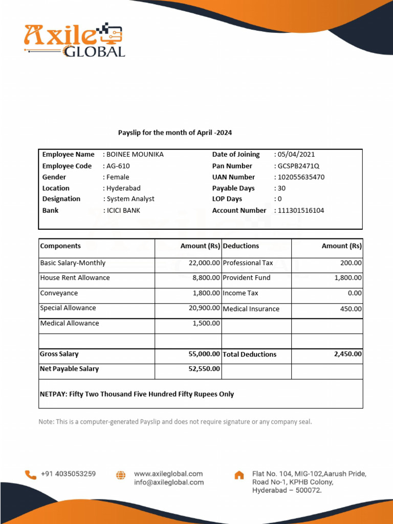 Payslip For MOUNIKA - April-2024 | PDF