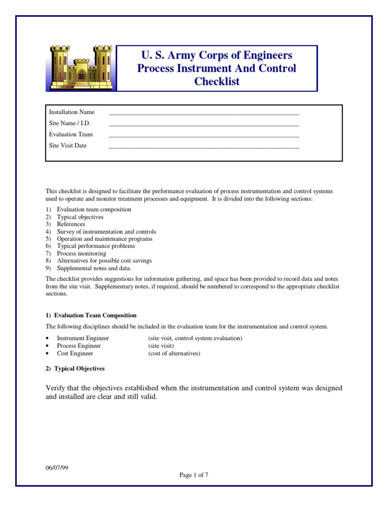 U. S. Army Corps of Engineers Process Instrument and Control Checklist | PDF | Instrumentation ...