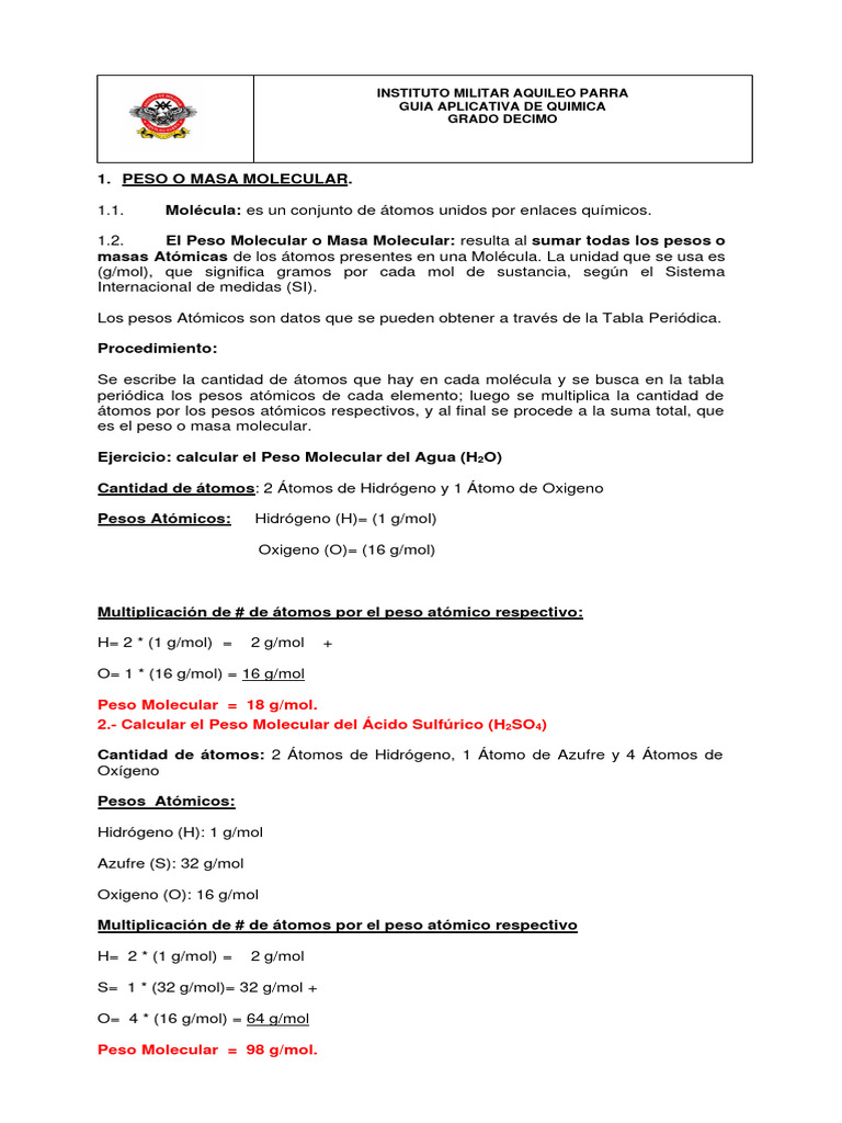 Guía de Cálculo de Masa Molecular y Composición | PDF | Mole (Unidad ...