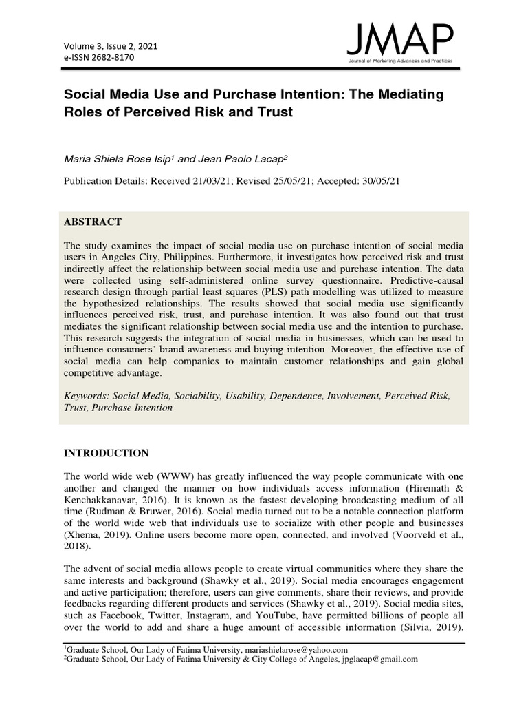 Social Media Use and Purchase Intention The Mediating Roles of Perceived Risk and Trust ...