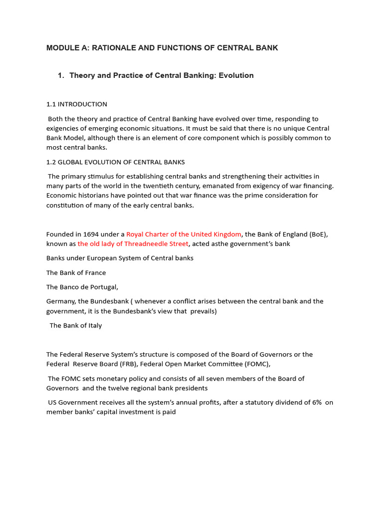 Functions and Evolution of Central Banks | PDF | Monetary Policy ...