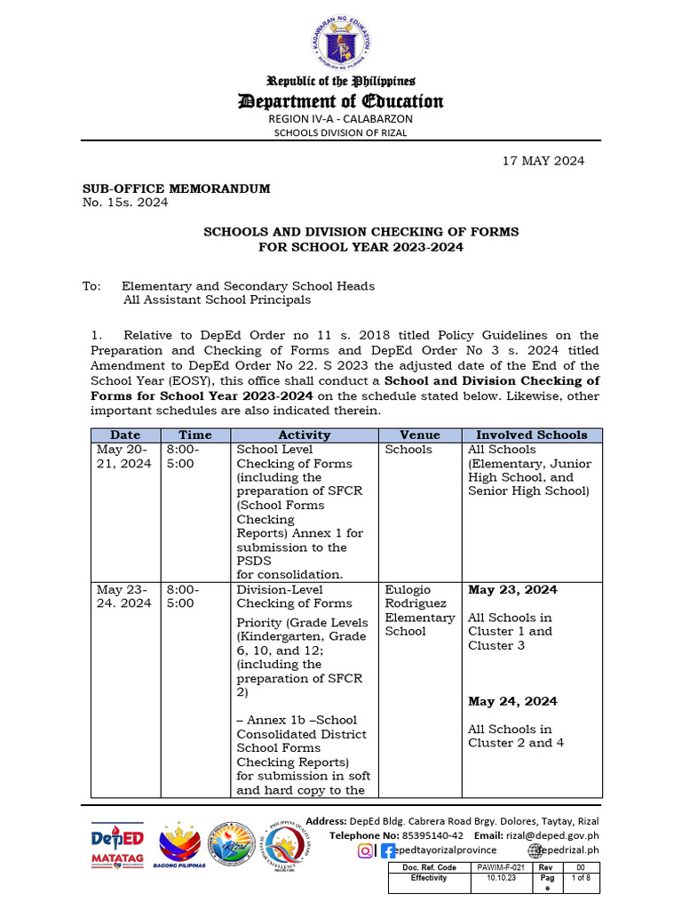 SO Memorandum 15 S. 2024 Schools and Division Checking of Forms | PDF | Educational Stages