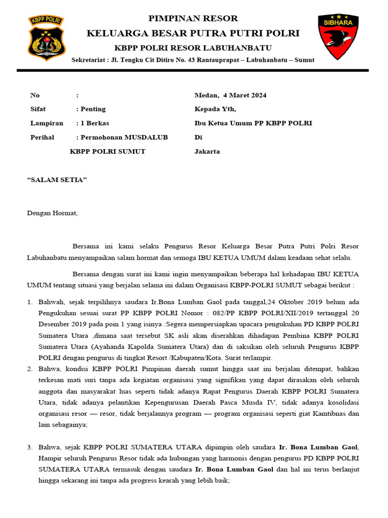 Surat Permohonan Musdalub KKBP Polri | PDF