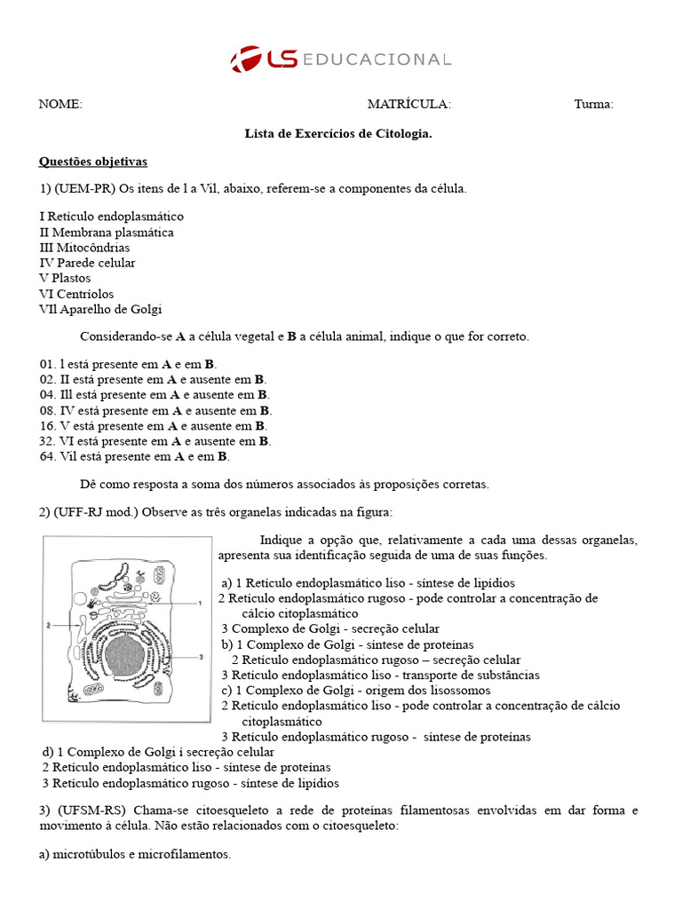 Lista Exercícios Citologia | PDF | Célula (Biologia) | Citoplasma