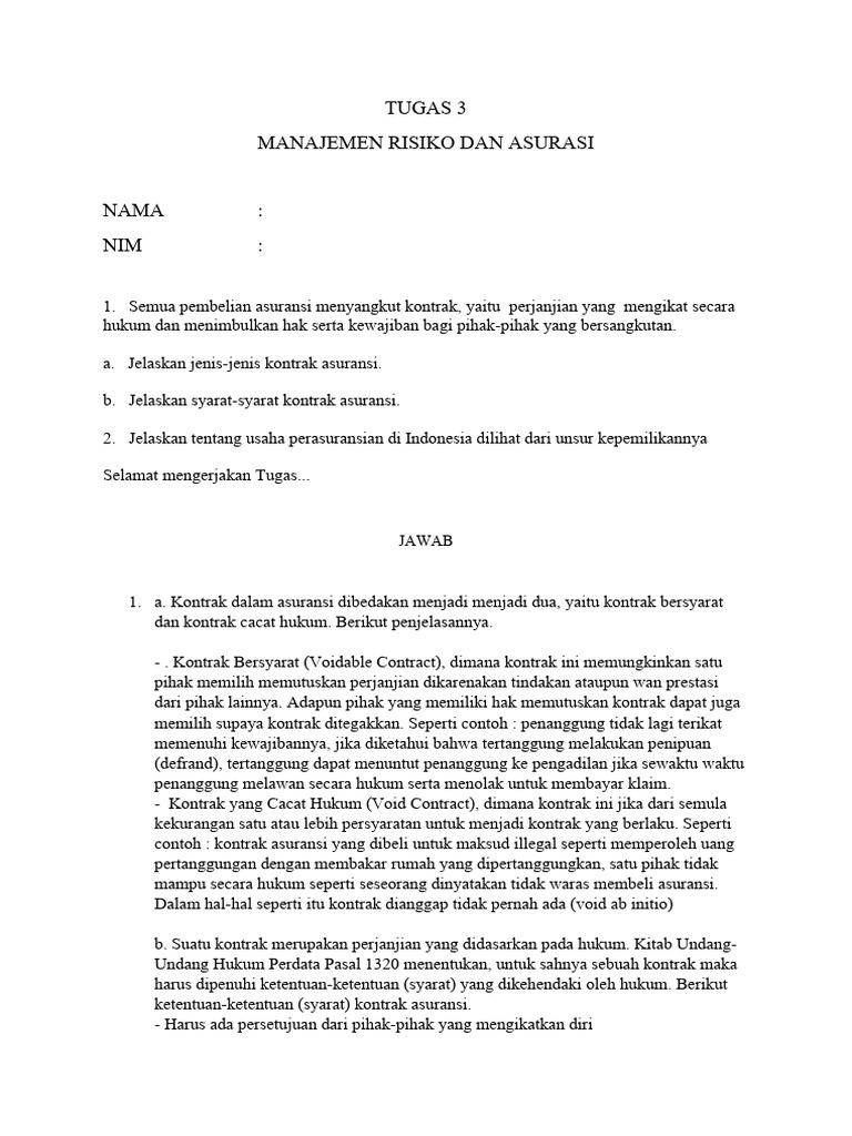 Tugas 3 MANAJEMEN RISIKO DAN ASURANSI | PDF | Bisnis | Hukum