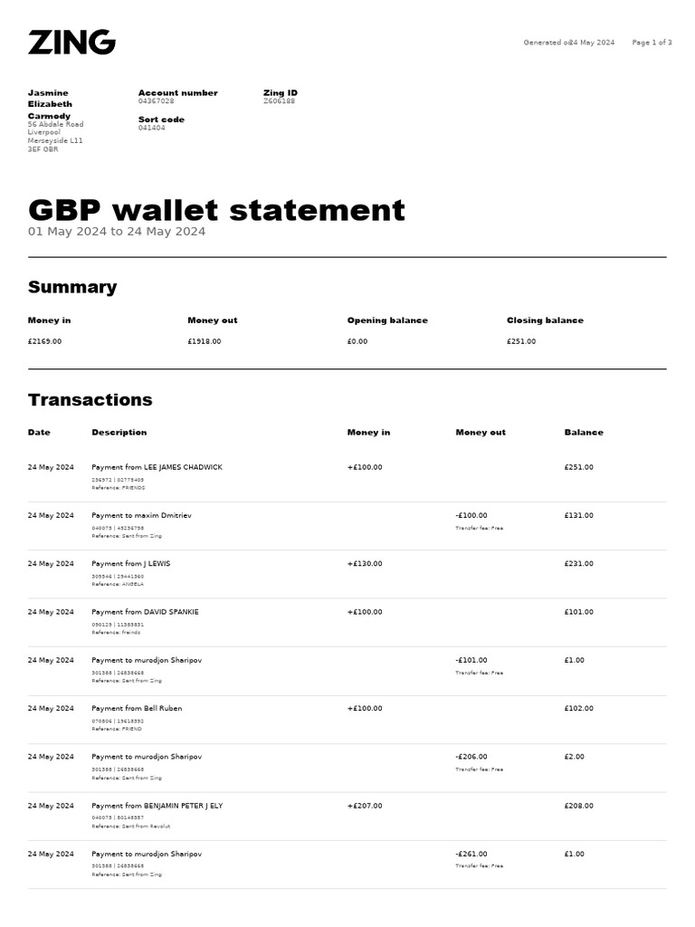 Statement - GBP - Wallet - 2024-05-01 - 2024-05-24 | PDF | Financial ...