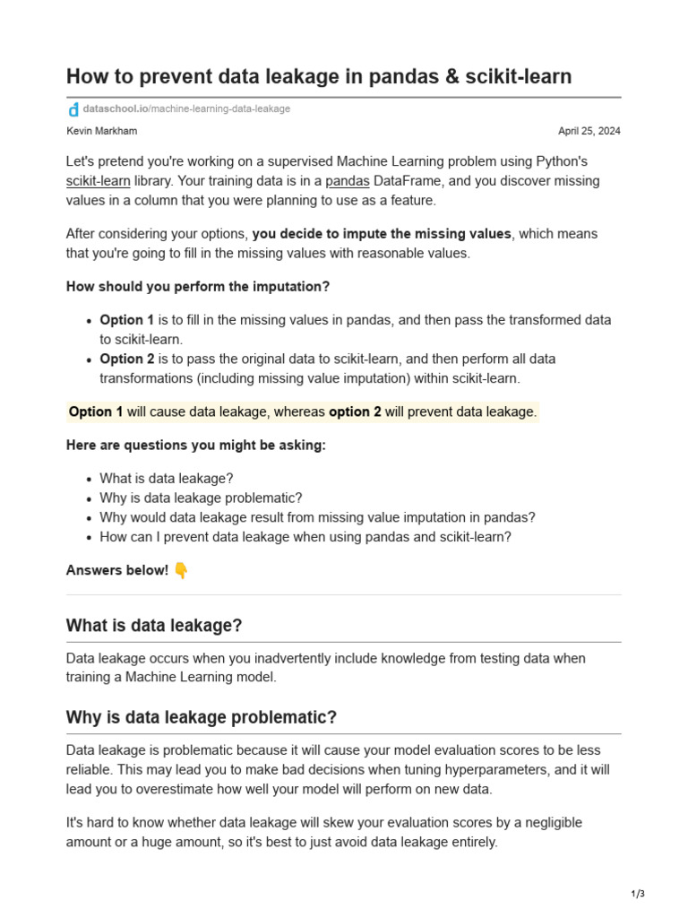 How To Prevent Data Leakage in Pandas and Scikit-Learn | Download Free PDF | Cross Validation ...