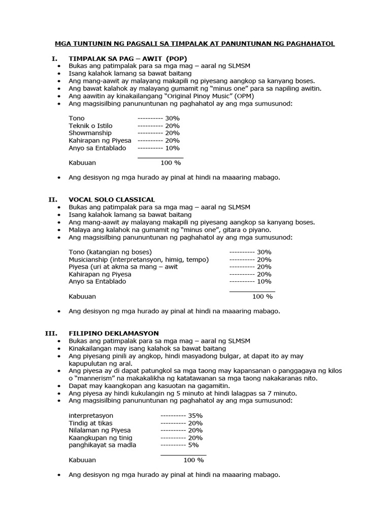 Mga Tuntunin NG Pagsali Sa Timpalak at Panuntunan NG Paghahatol | PDF