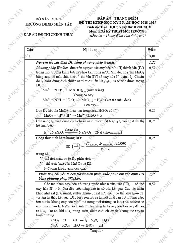 03.01. DapAn HoaKyThuat MoiTruong 1 | PDF