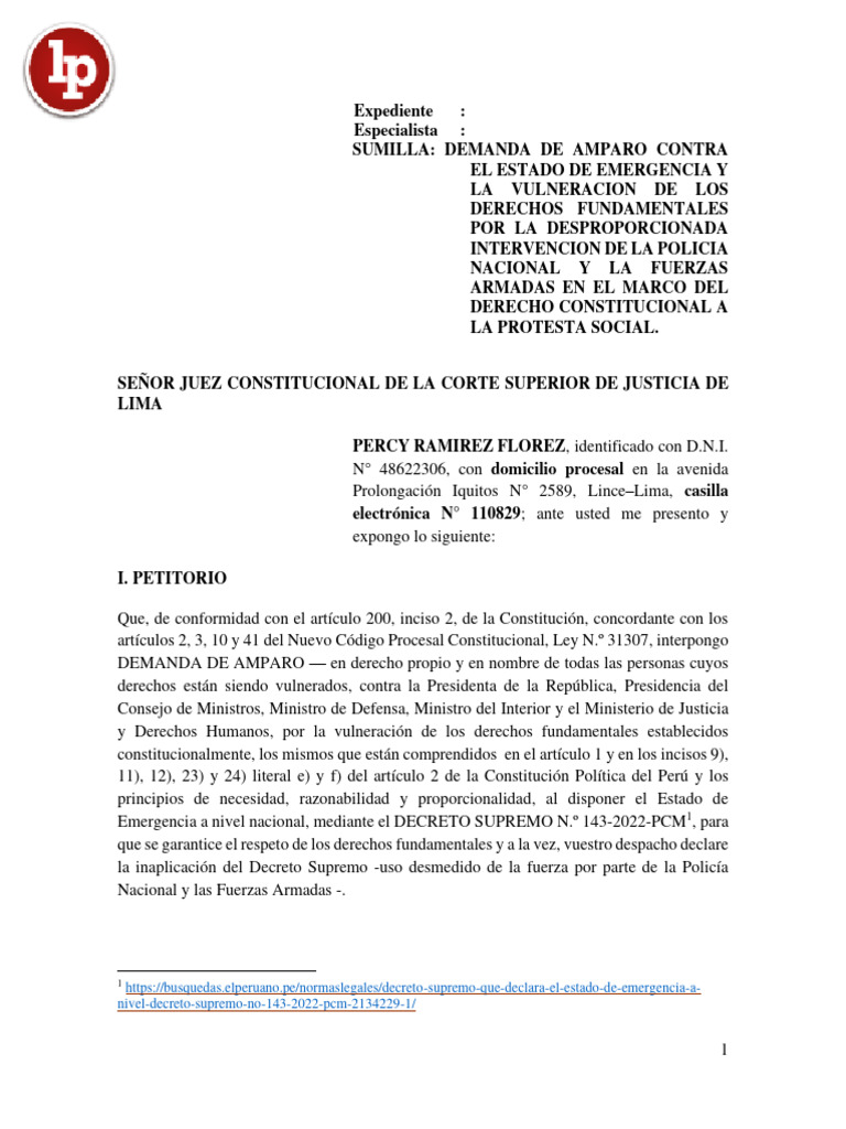Demanda de Amparo DS 143 2022 PCMR LPDerecho | PDF | Constitución | Policía