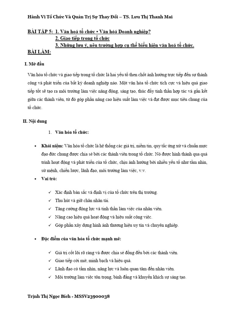 Trịnh Thị Ngọc Bích - Hành Vi Tổ Chức Và Quản Trị Sự Thay Đổi - BT5 | PDF