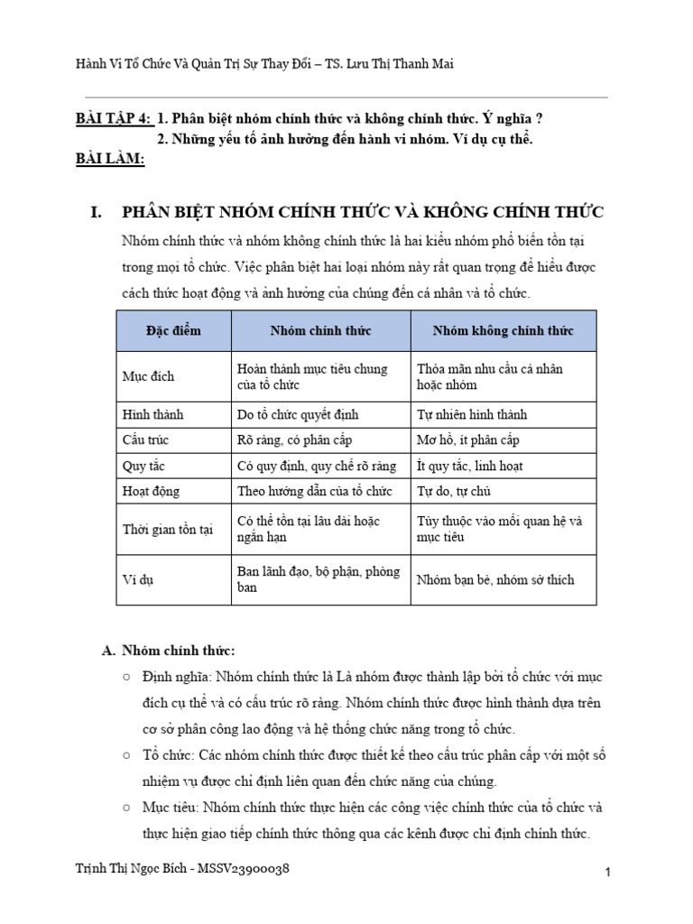 Trịnh Thị Ngọc Bích - Hành Vi Tổ Chức Và Quản Trị Sự Thay Đổi - BT4 | PDF