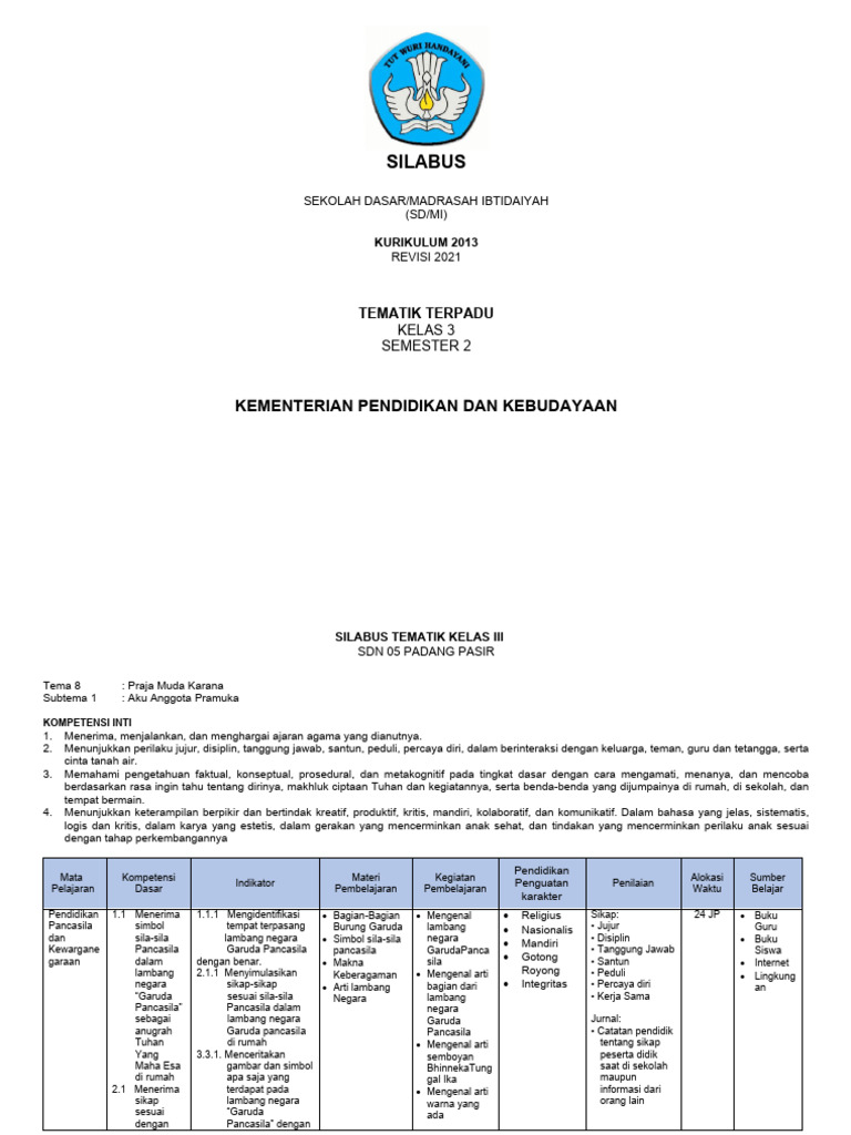 Silabus Tematik Kelas 3 SD/MI 2021 | PDF