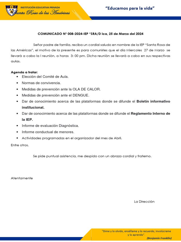COMUNICADO 008 - 2024 REUNION DE PADRES SECUNDARIA | PDF