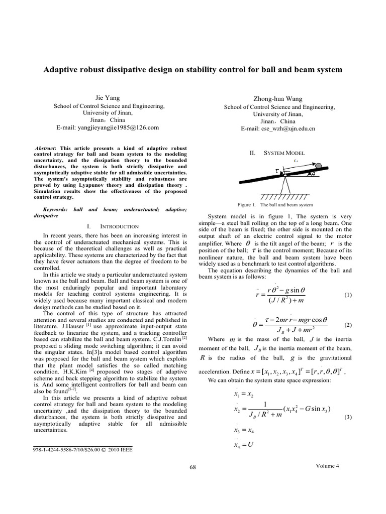 Adaptive Robust Dissipative Design On Stability Control For Ball and Beam System | PDF ...