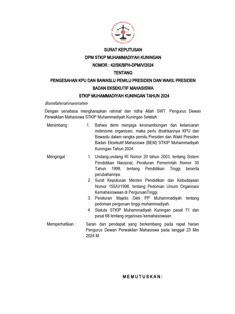 Surat 42 SK KPU Dan BAWASLU DPM STKIP Muhammadiyah Kuningan Tahun 2024 | PDF