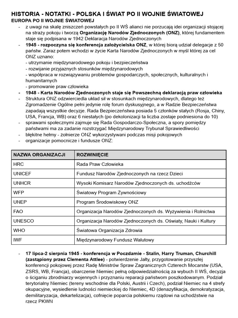Historia - Notatki - Polska I Świat Po Ii Wojnie Światowej | PDF