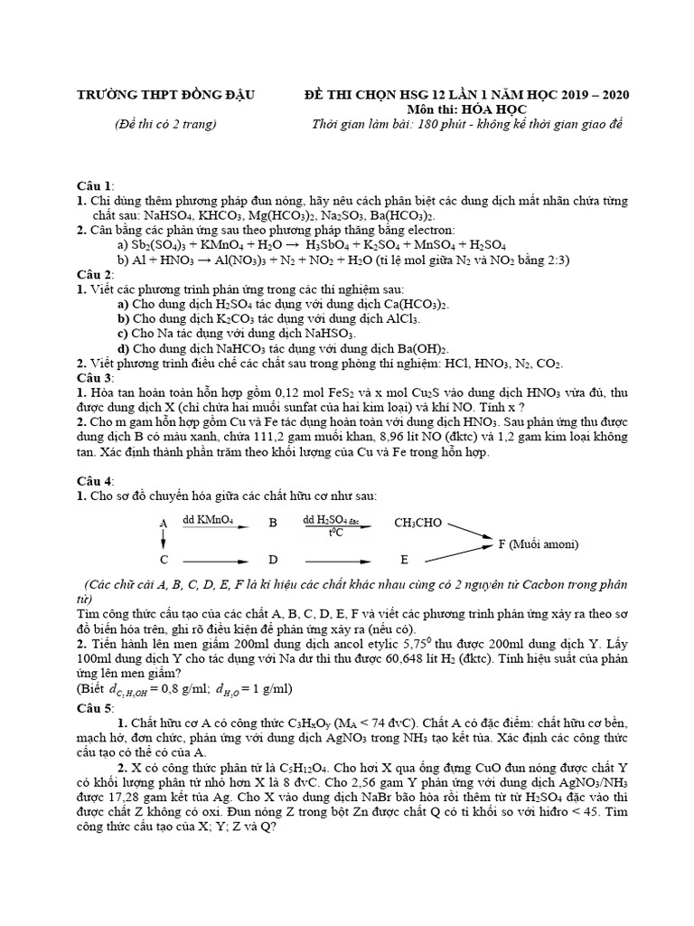 De Thi Hsg Hoa Hoc 12 Lan 1 Nam 2019 2020 Truong Dong Dau Vinh Phuc | PDF