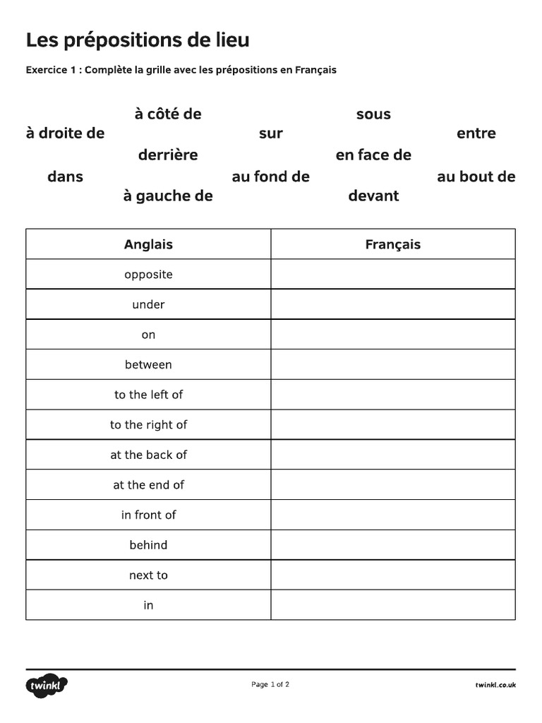 French Place Prepositions Practice Exercises | PDF
