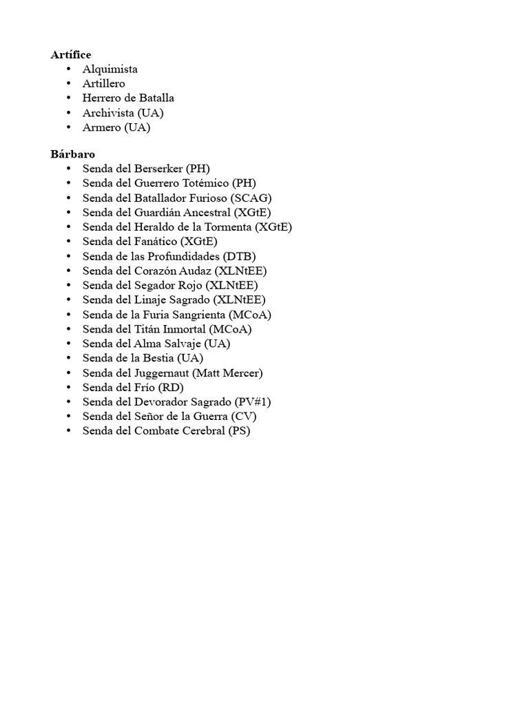 Lista de Clases y Subclases | PDF | Sobrenatural | Creencia religiosa y doctrina