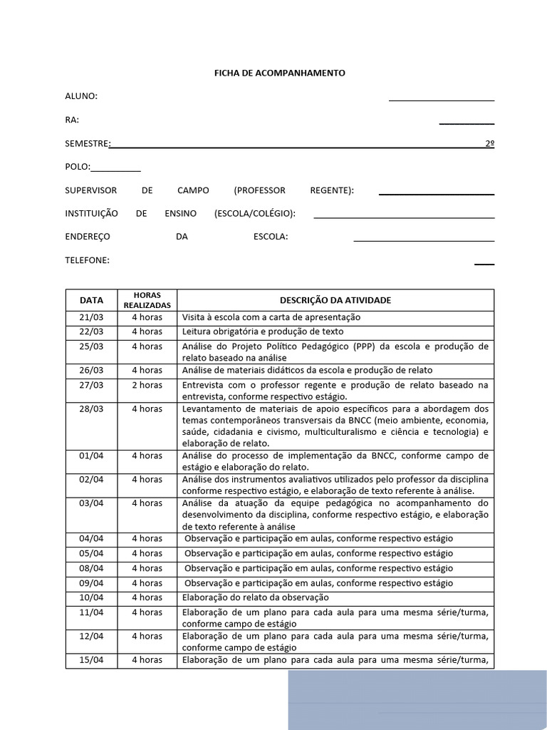 Ficha de Acompanhamento preenchida | Download grátis PDF | Pedagogia