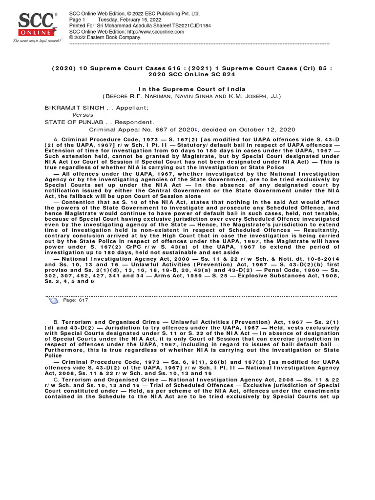 Bail Under 167 - Bikramjit Singh | PDF | Bail | Crime & Violence