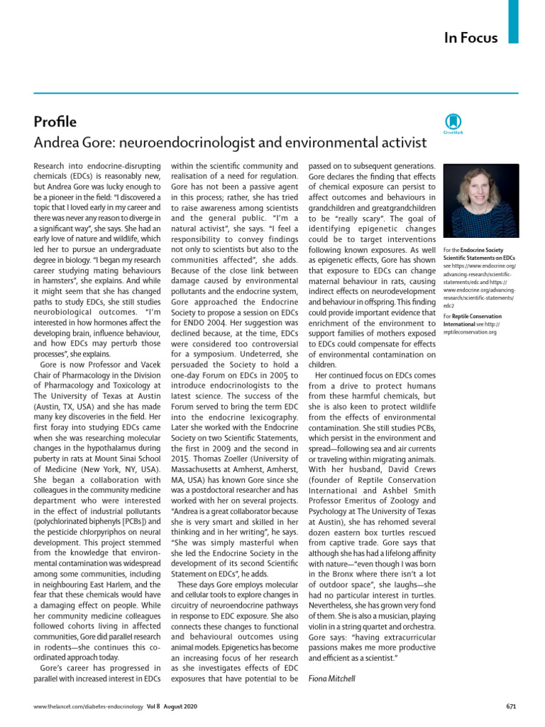 THE LANCET IN FOCUS - Andrea Gore Neuroendocrinologist and Environmental Activist | PDF | Biology