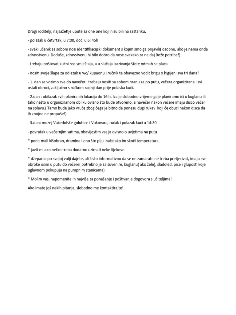 Obavijest Roditeljima | PDF