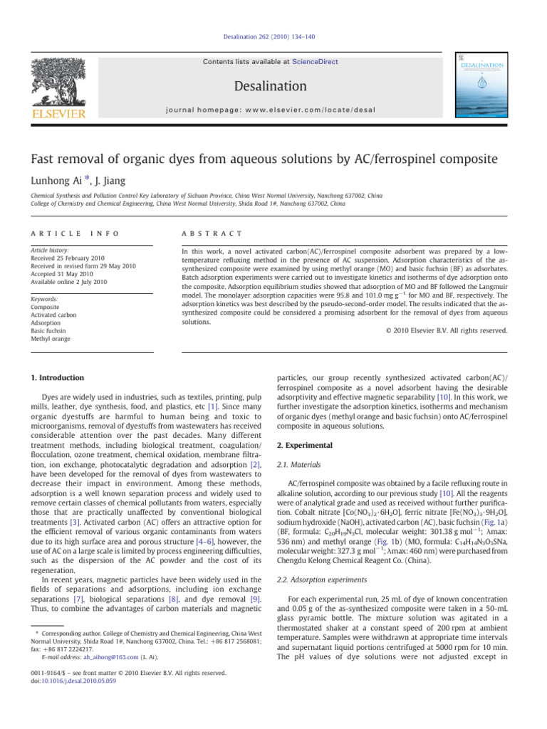 2010 - Fast Removal of Organic Dyes From Aqueous | PDF | Adsorption ...