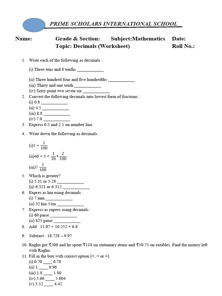Decimals Grade 6 | PDF