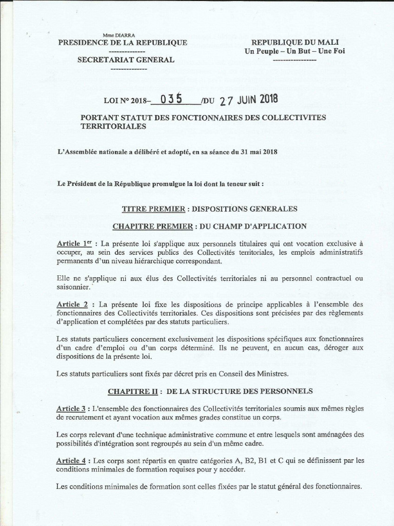 Loi 035 Statut Fonctionnaires Collectivites Territoriales MEN | PDF