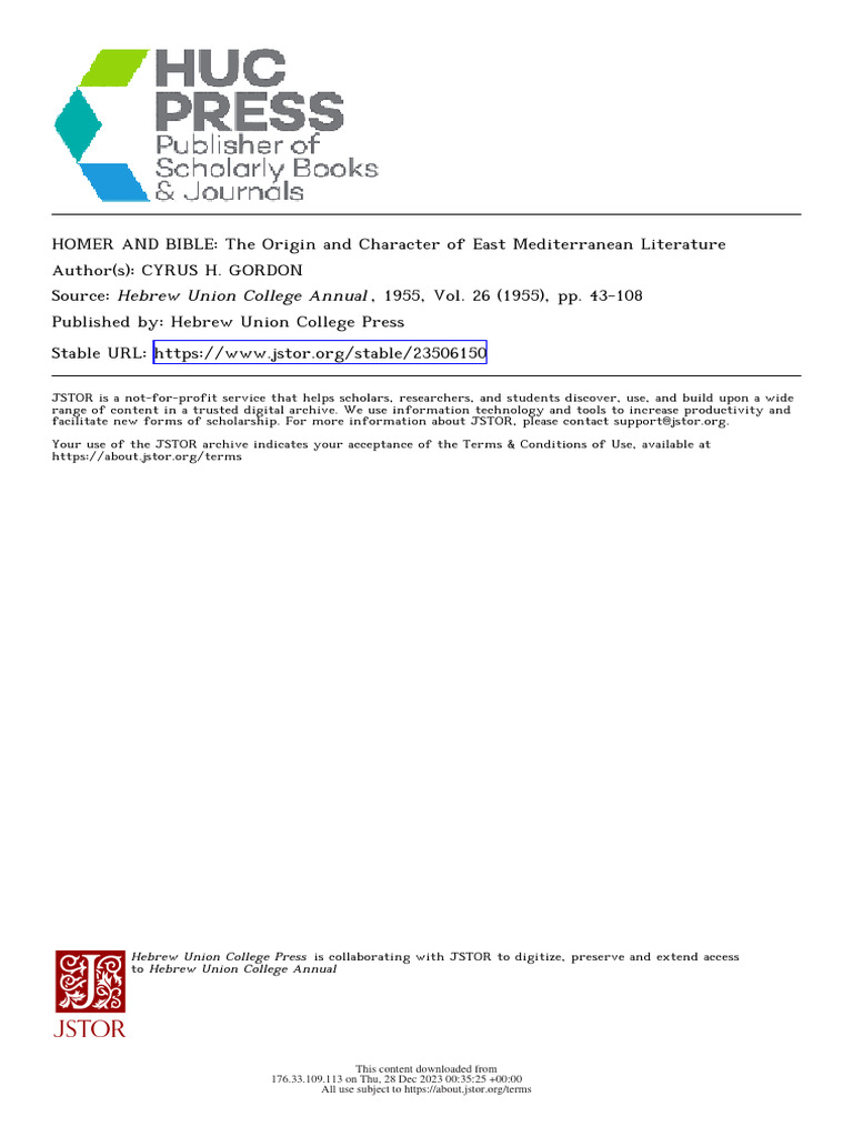 Cyrus Gordon Homer and The Bible-1955 | PDF | Odyssey | Iliad