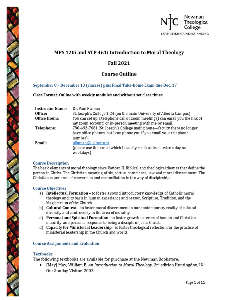 MPS 120i - STP 461i, Introduction To Moral Theology, Flaman, F2021-22 ...