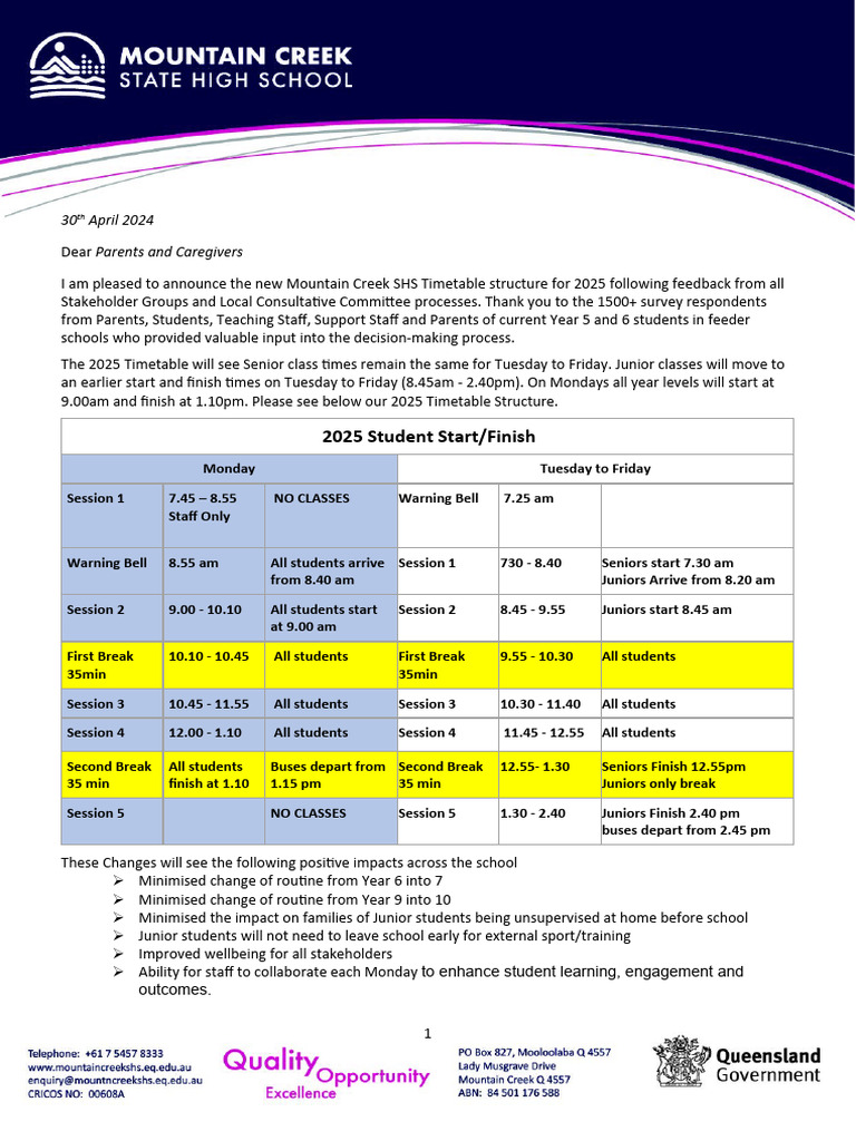 Mountain Creek SHS 2025 Timetable 2025 | PDF