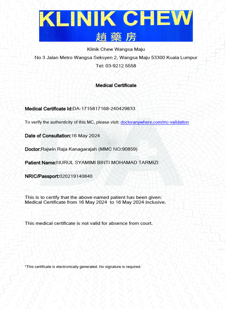 Medical Certificate 2 | PDF