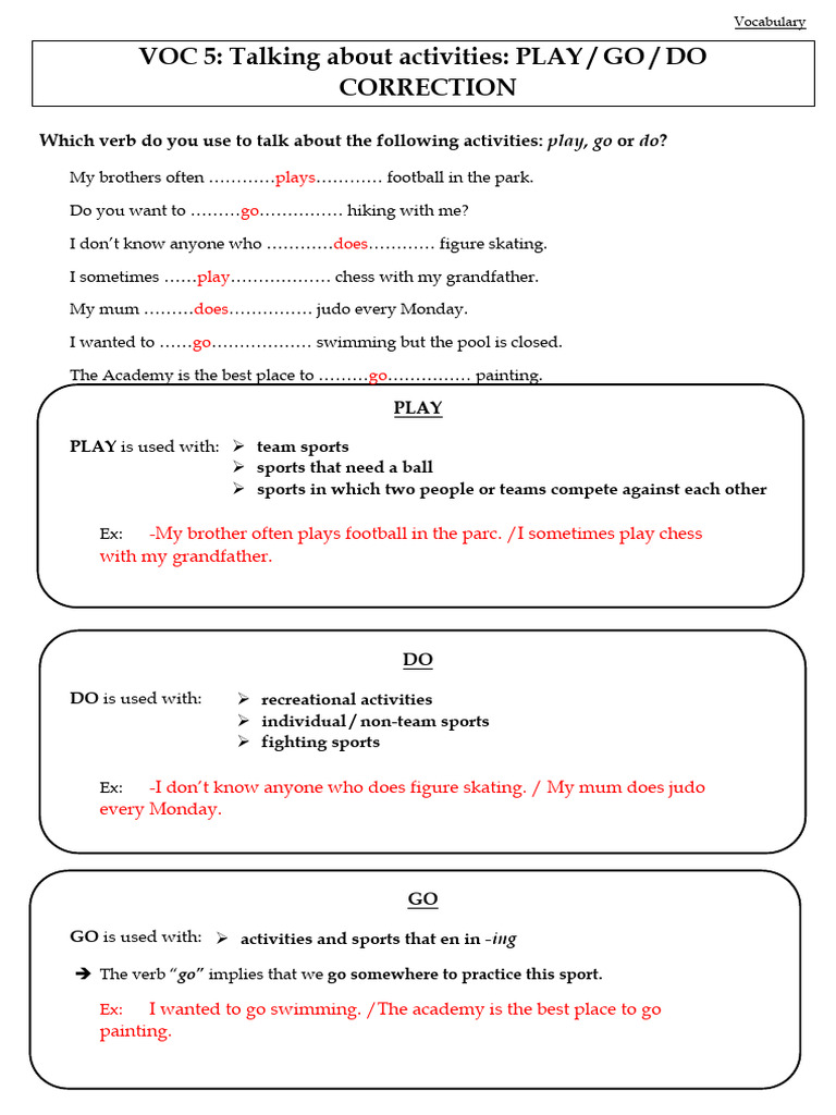 VOC 5: Talking About Activities: PLAY / GO / DO Correction | PDF ...