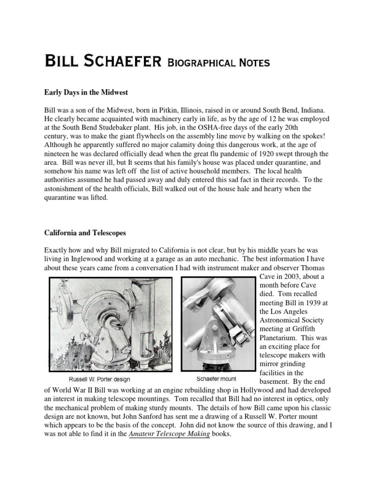 Bill Schaefer: Innovator of Telescope Mounts | PDF | Astronomy