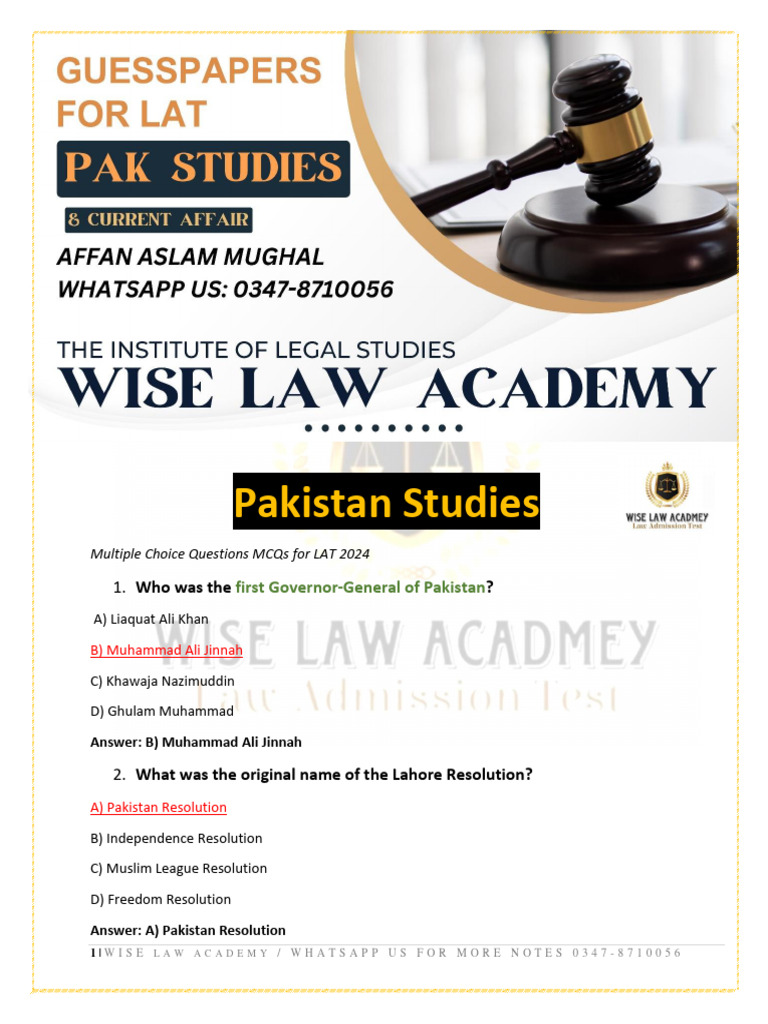 Wise Law Academy Pak Studies - Lat 0347-8710056 | PDF | Pakistan ...