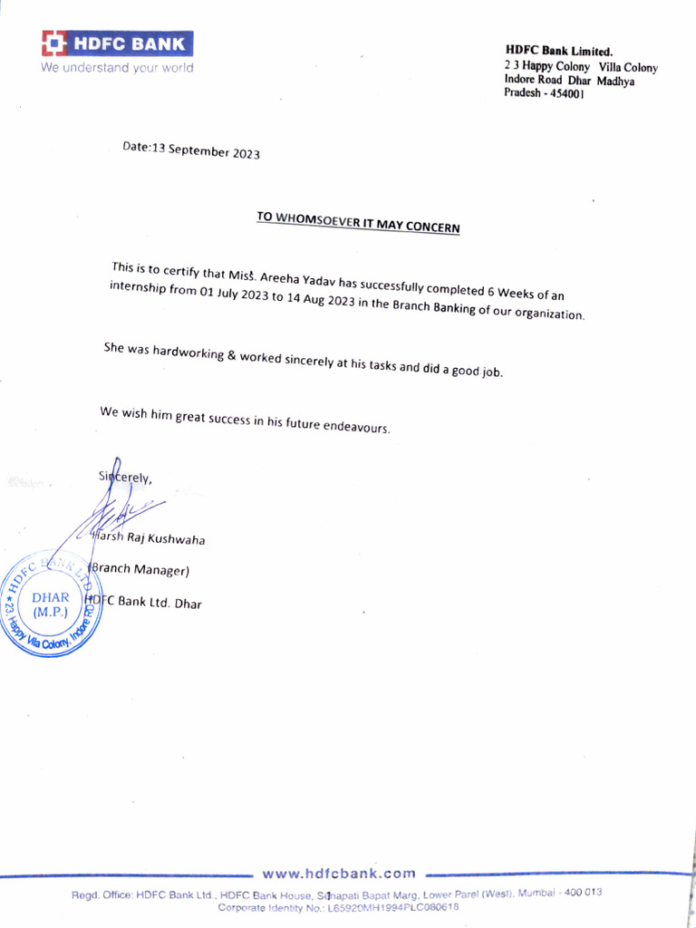 HDFC Internship Certificate | PDF