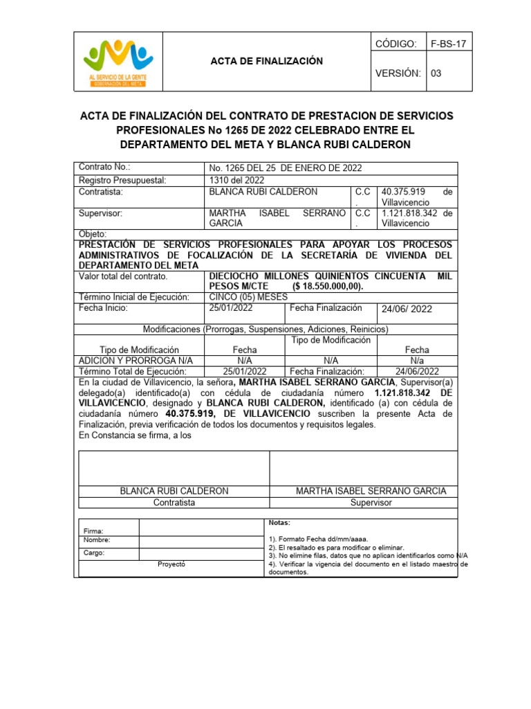 Acta de Finalizacion | PDF