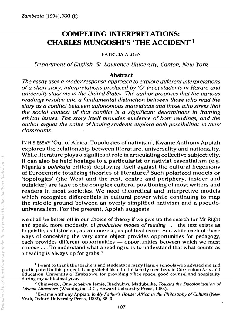 Alden 1994 Competing Interpretations Charles Mungoshi S The Accident ...