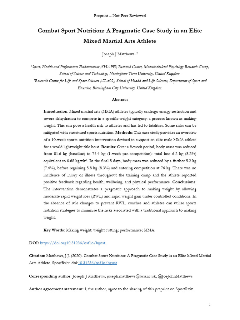 Combat Sport Nutrition A Pragmatic Case Study in An Elite Mixed Martial ...