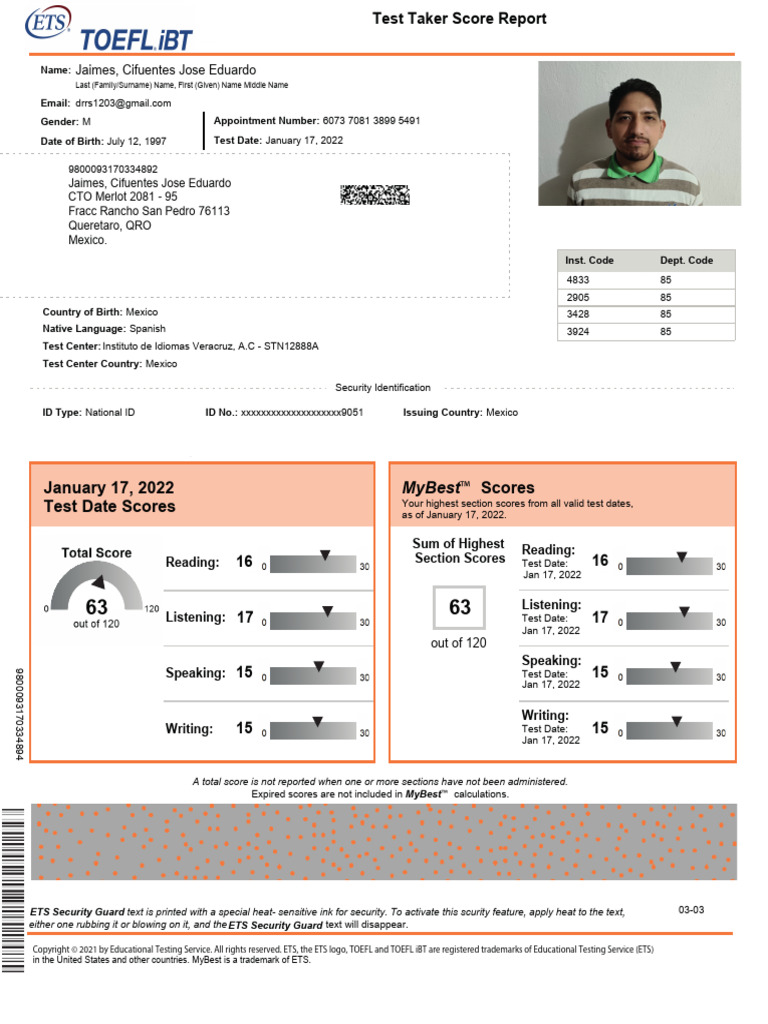 TOEFL iBT Score Report Summary | PDF | Test Of English As A Foreign ...