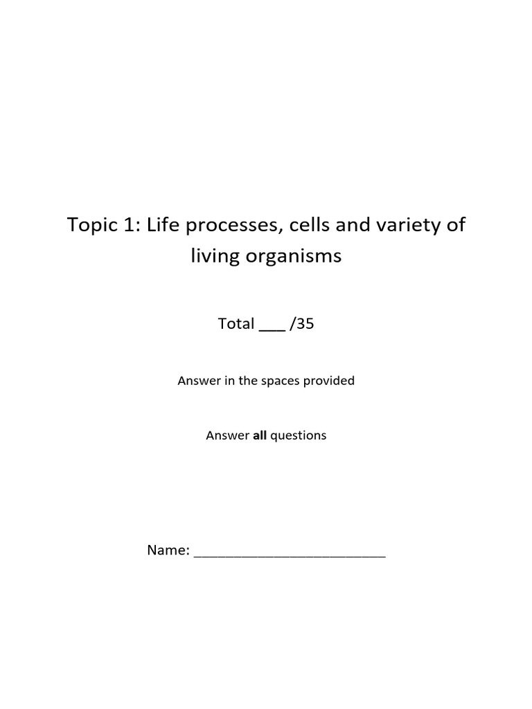 Life Proceeses and Variety of Organisms Test | PDF | Cell (Biology ...