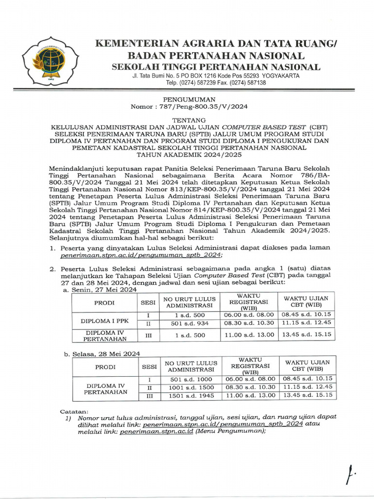 Pengumuman Administrasi SPTB STPN 2024 | PDF