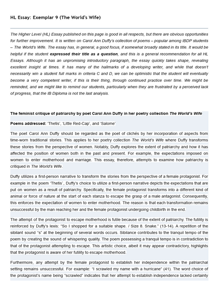 HL Essay Exemplar 9 The World S Wife | PDF | Patriarchy | Feminism