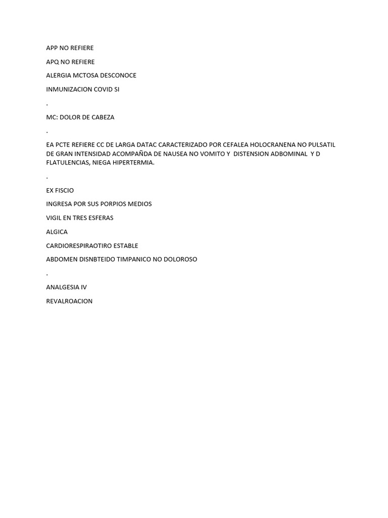 Cefalea Intensa con Náuseas y Distensión | PDF