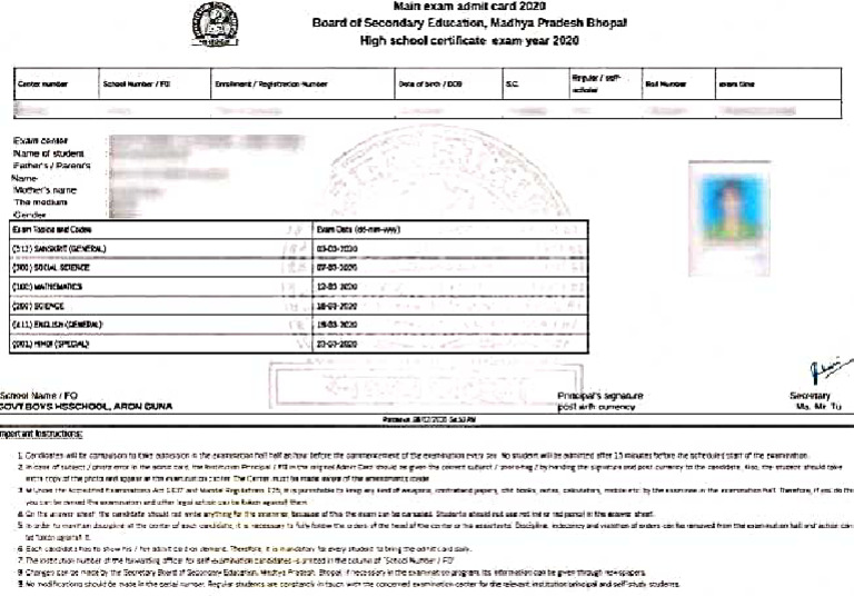 MP Board Admit Card | PDF